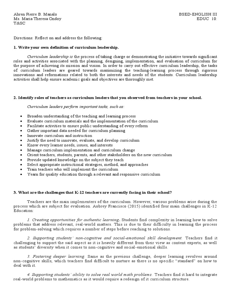 Curriculum Leadership Is The Process of Taking Charge or Demonstrating ...