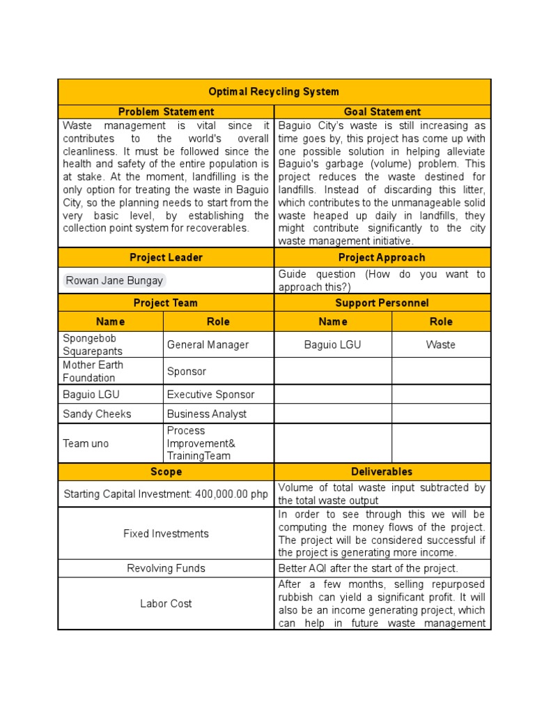 Optimal Recycling System Problem Statement Goal Statement | Download ...