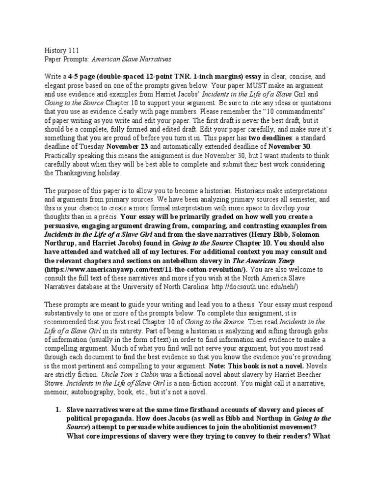 Slave Narrative Prompts Fall 2021 | PDF | Essays | Harriet Beecher Stowe