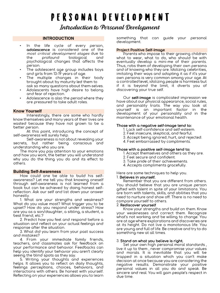 LECTURE NOTES - Personal Development | PDF | Adolescence | Self Awareness
