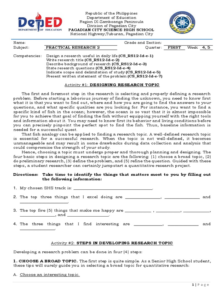 PRACTICAL RESEARCH 2 Week 4 Week 5 Activity Sheets | PDF | Quantitative ...