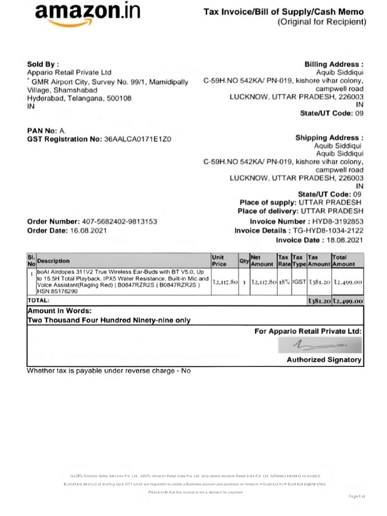 Boat Airdopes 311v2 Invoice | PDF