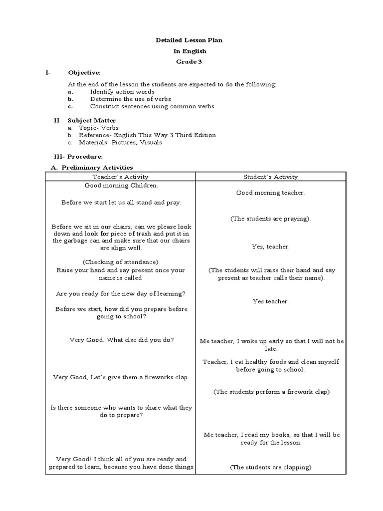 Preparing Young Minds: A Detailed Lesson Plan on Identifying Verbs ...