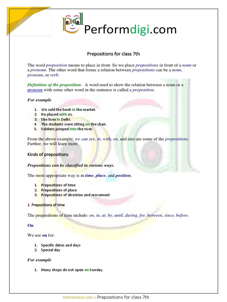 Perform: Prepositions For Class 7th | PDF | Preposition And ...
