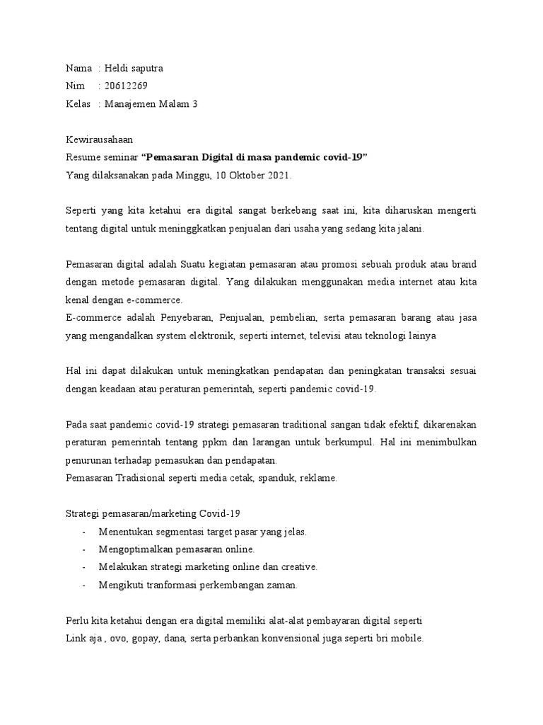 Kewirausahaan - Resume Seminar Pemasaran Digital Di Masa Pandemi Covid-19 - Heldi Saputra ...
