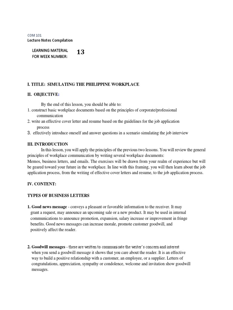 LNC COM 101-WK 13-Simulating The Philippine Workplace | PDF | Résumé ...