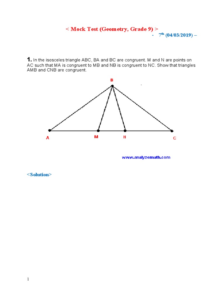 Mock Test (Grade 9, Geometry) | PDF | Triangle | Perpendicular