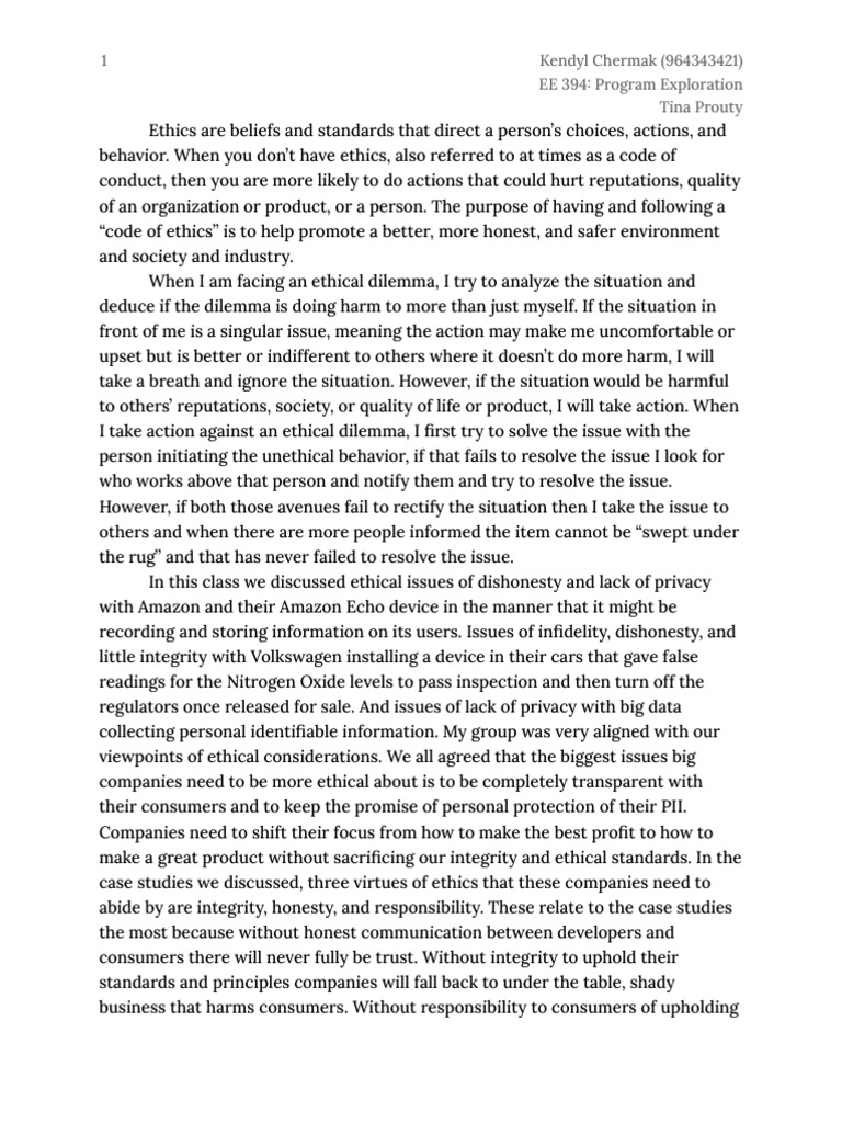 Ethics Essay | PDF | Integrity | Applied Ethics