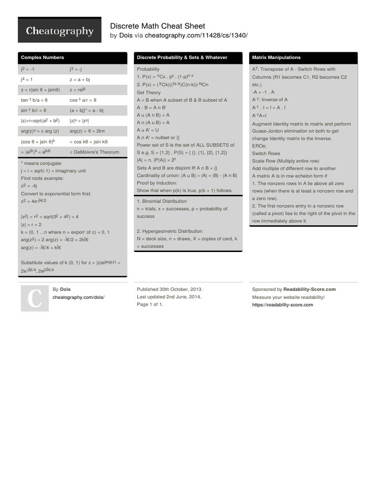 Discrete Math Cheat Sheet: by Via | PDF