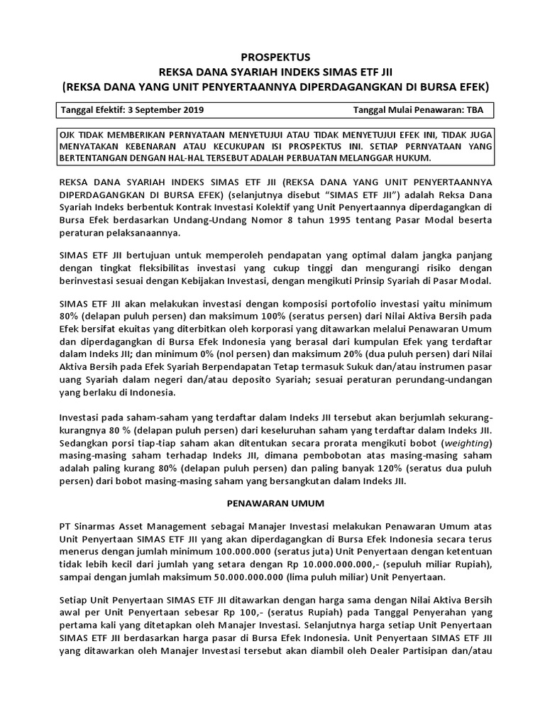 Prospektus Reksa Dana Syariah Indeks Simas Etf Jii (Reksa Dana Yang Unit Penyertaannya ...