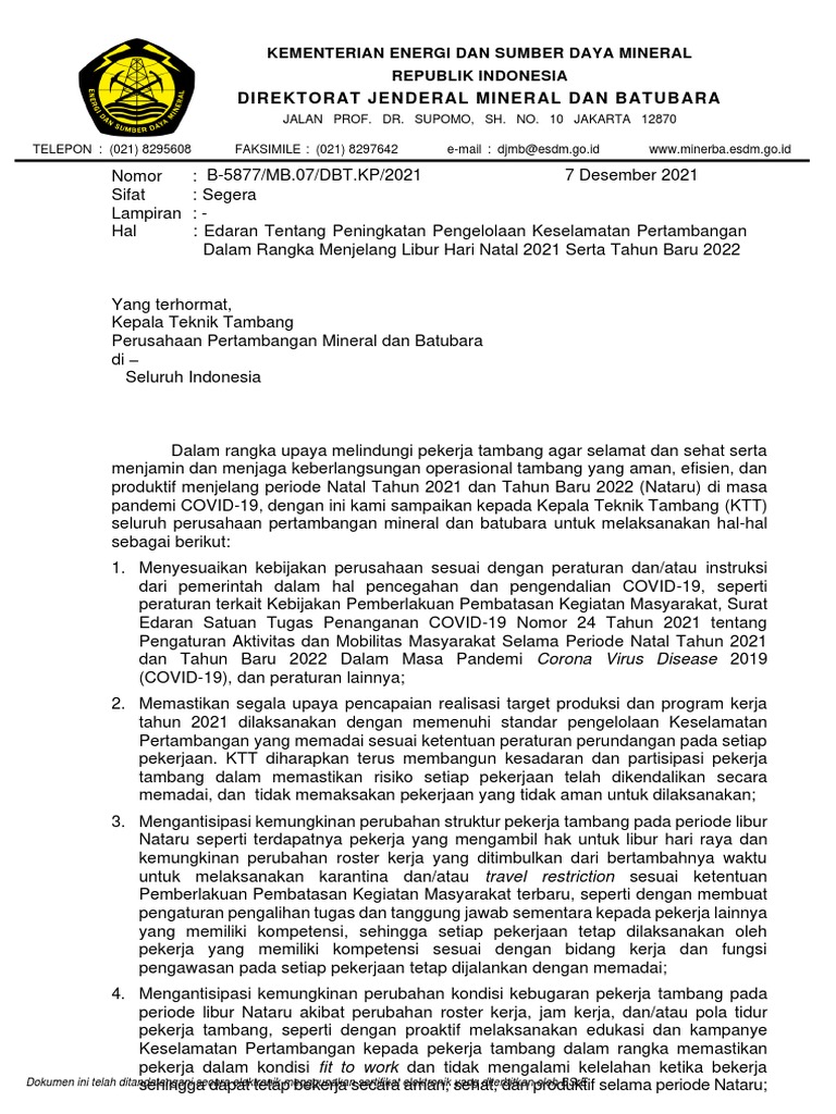 B-5877/MB.07/DBT - KP/2021 7 Desember 2021: Direktorat Jenderal Mineral Dan Batubara | PDF