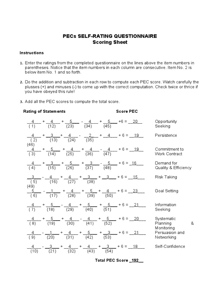 Pecs Self-Rating Questionnaire Scoring Sheet: Instructions | PDF | Teaching Methods & Materials