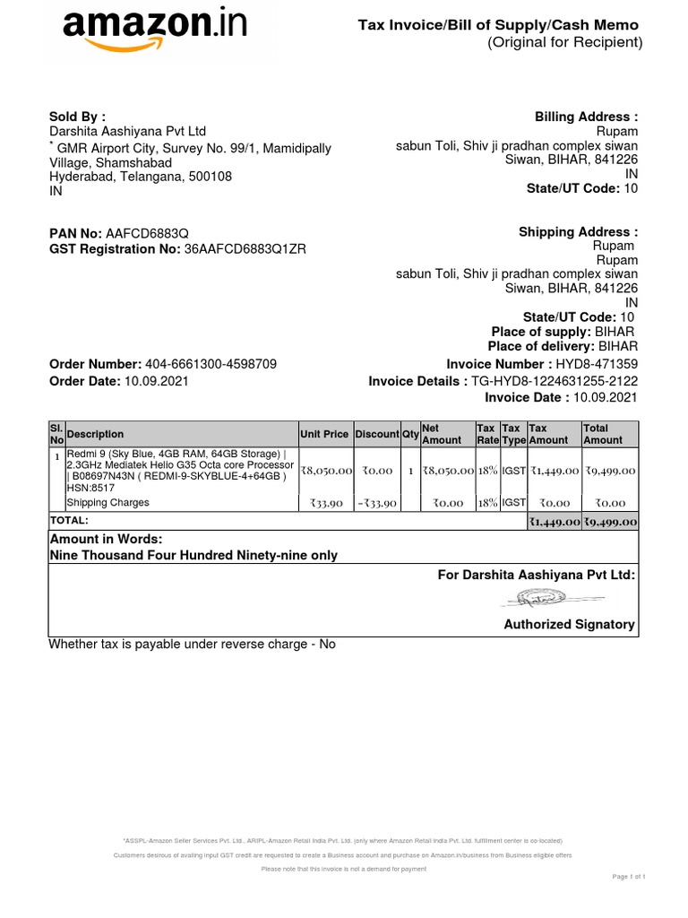 Amazon Tax Invoice for Redmi 9 Purchase | PDF | Invoice | Taxes