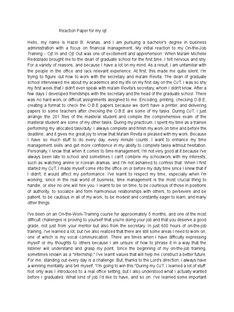 Reaction Paper For Ojt in | PDF | Cognition | Human Nature
