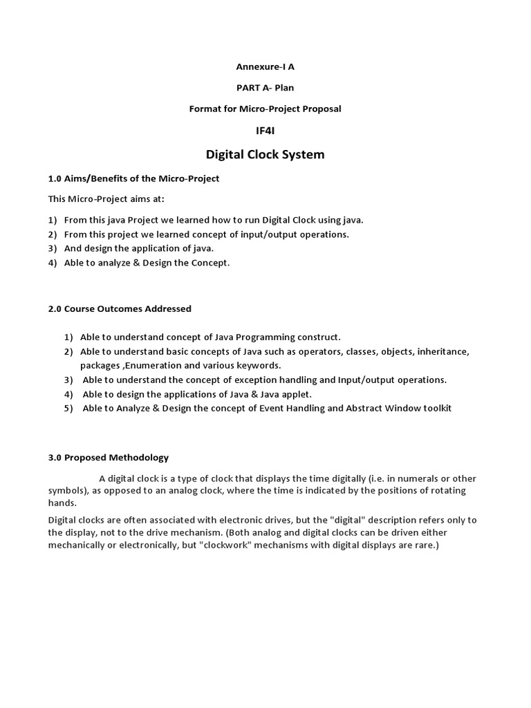 Digital Clock System: Annexure-I A PART A-Plan Format For Micro-Project Proposal | PDF | Java ...