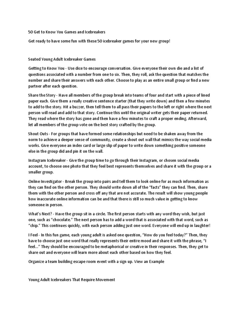 50 Get To Know You Games and Icebreakers | PDF