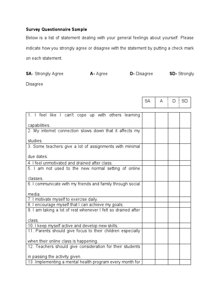 Mental Health Survey Questionnaire Sample | PDF | Self-Improvement ...