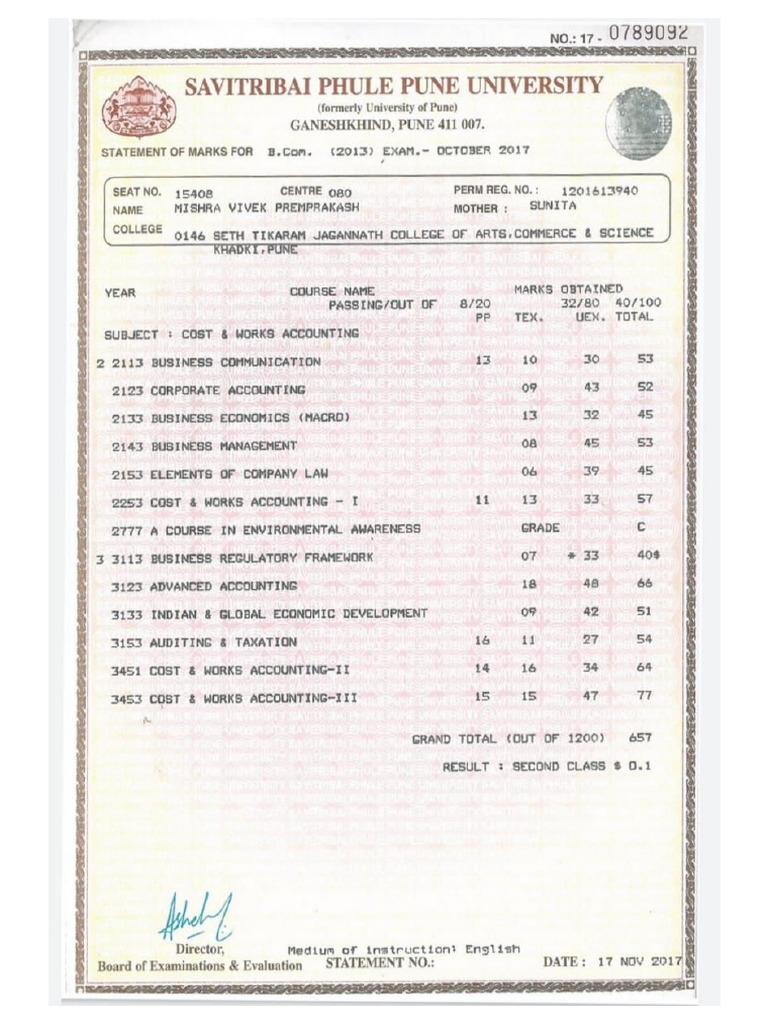 Marksheet, 3 RD Year | PDF
