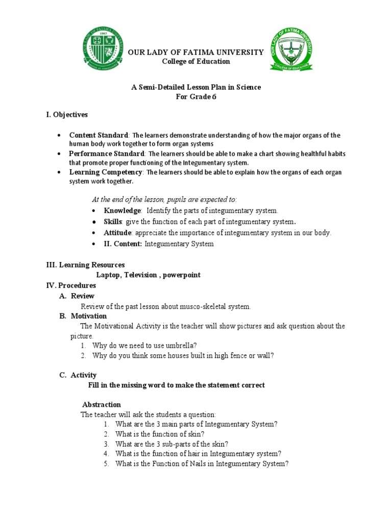 Integumentary System Lesson Plan for Grade 6 | PDF | Integumentary ...