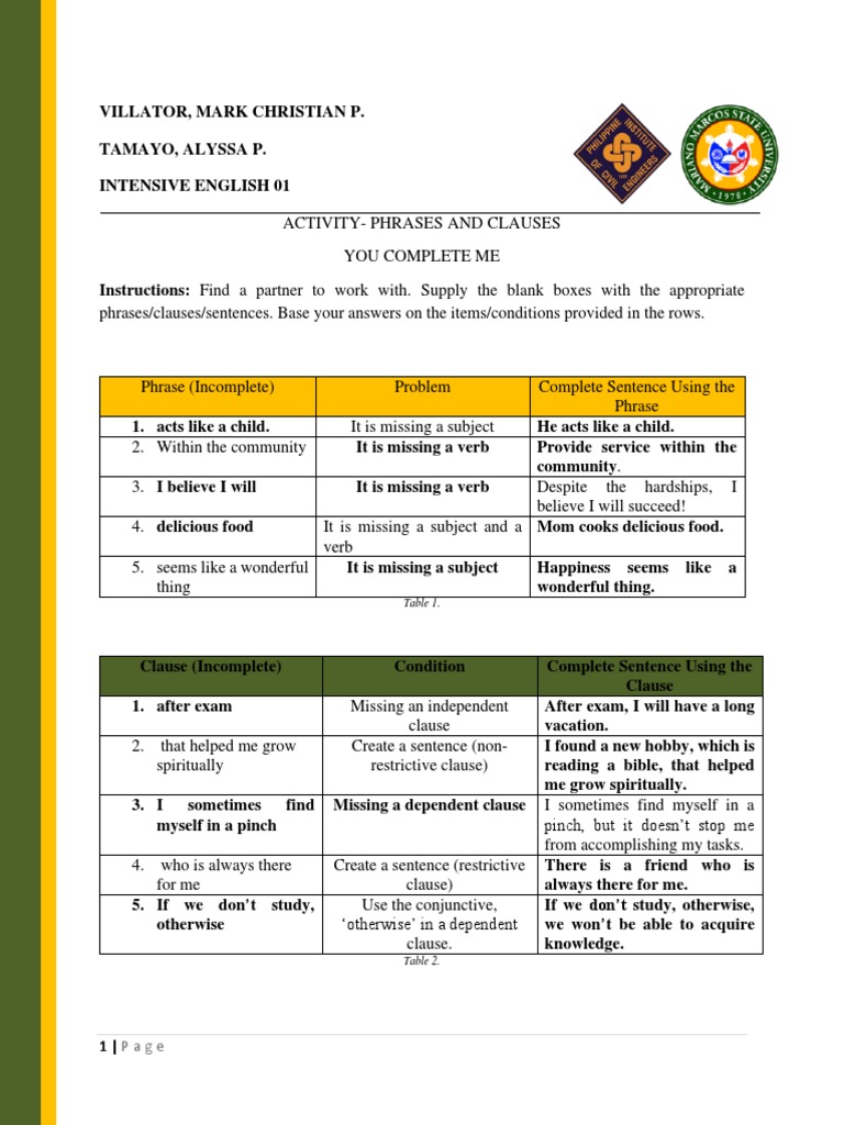 Phrases and Clauses Activity Guide | PDF | Clause | Sentence (Linguistics)