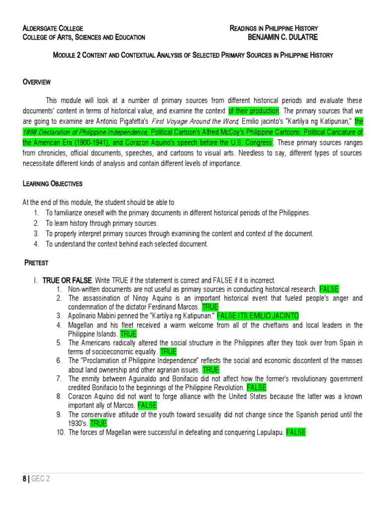 Module 2 Content and Contextual Analysis of Selected Primary Sources in ...