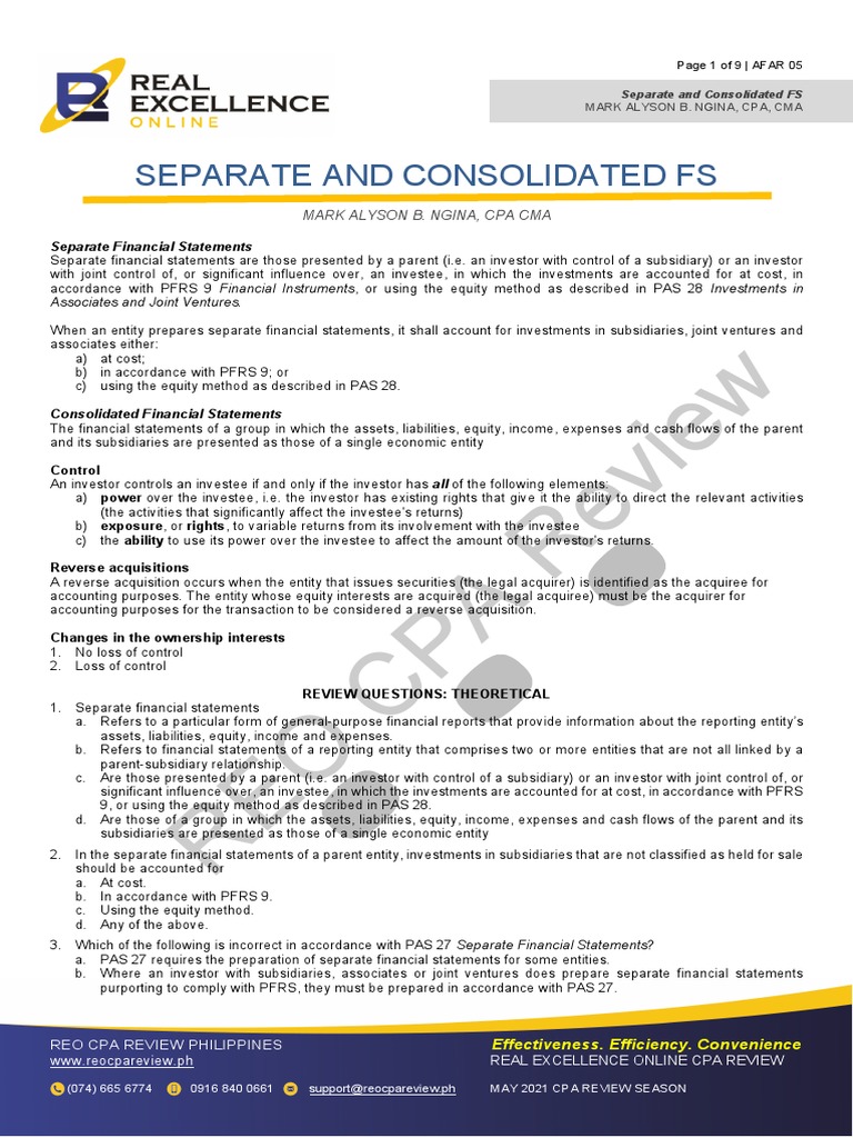 REO CPA Review: Separate and Consolidated Fs | PDF | Consolidation ...