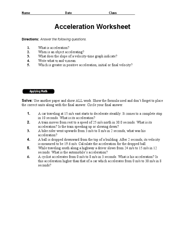 Acceleration Worksheet: Directions: Answer The Following Questions ...