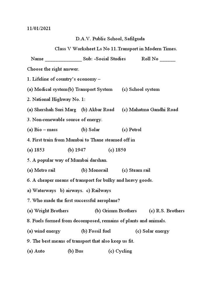 Class V Social Studies: Modern Transport Worksheet | PDF | Transport ...