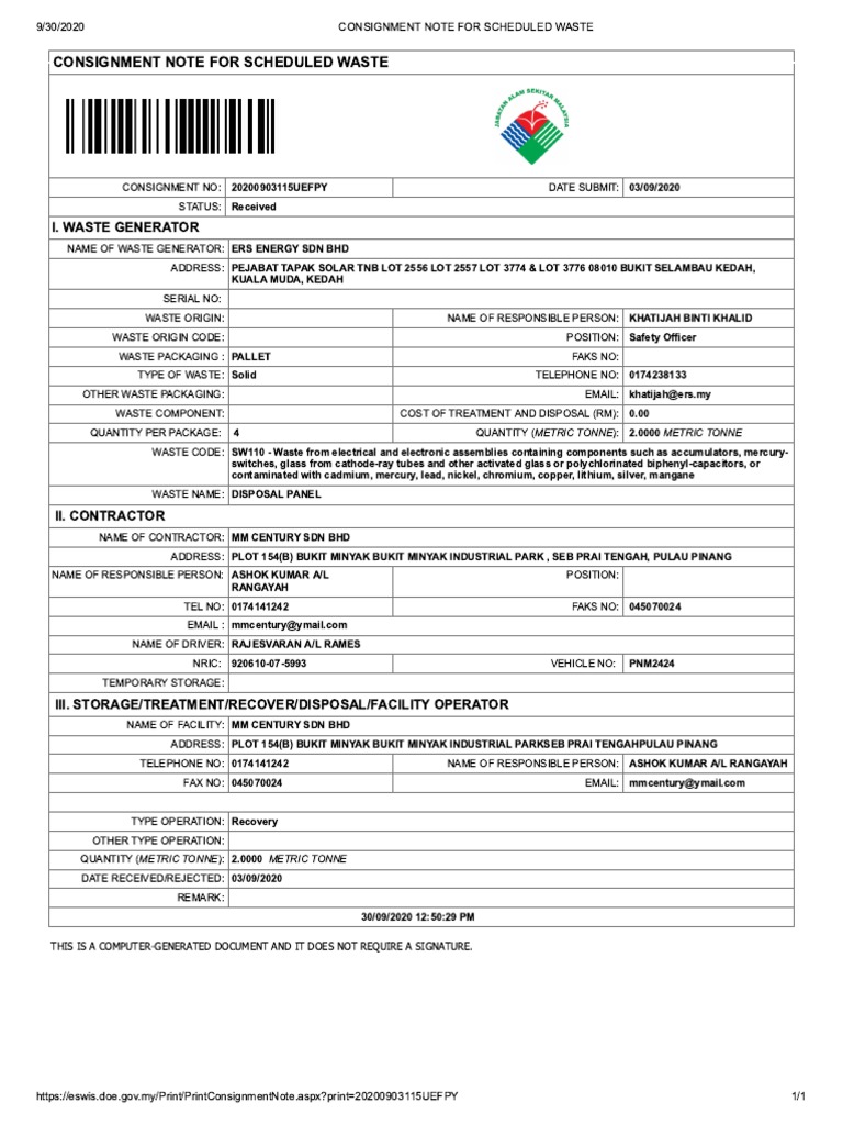 Consignment Note For Scheduled Waste | PDF
