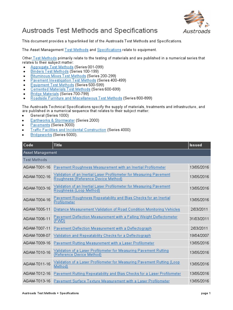 AGPT T000 Austroads Test Methods and Specifications May21 | PDF | Road ...