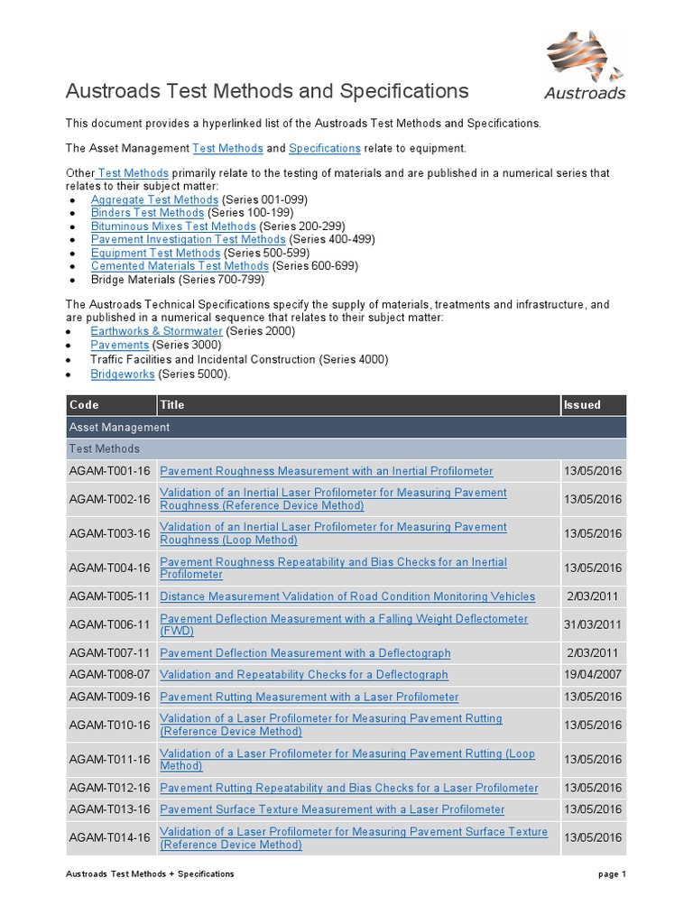 Austroads Test Methods and Specifications: Code Title Issued | PDF ...