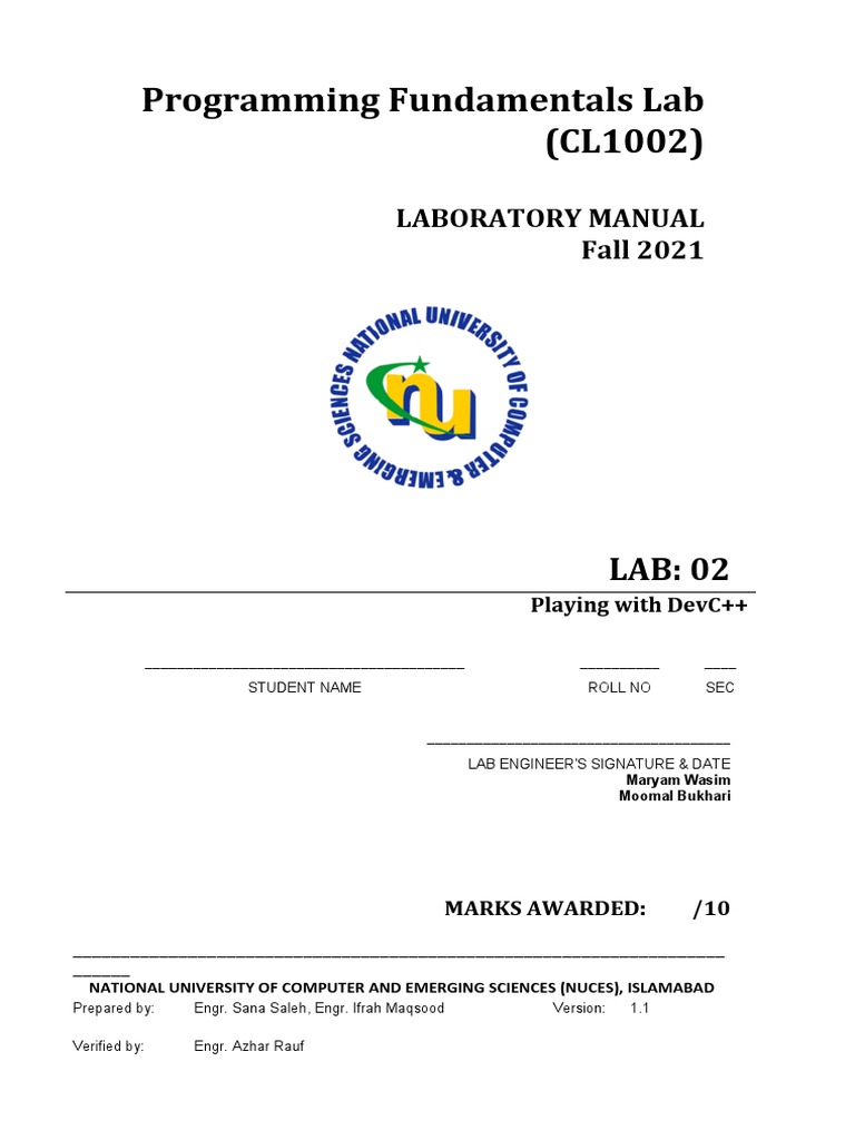 Programming Fundamentals Lab (CL1002) : Laboratory Manual Fall 2021 ...