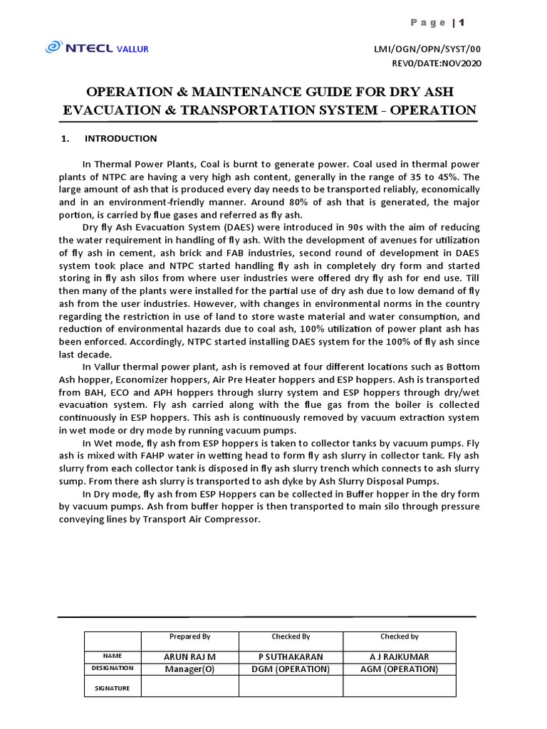 Operation & Maintenance Guide For Dry Ash Evacuation & Transportation ...