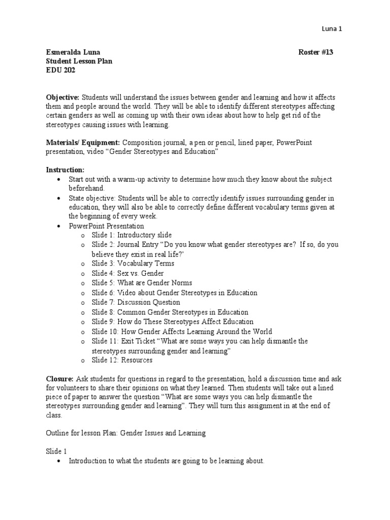 Lesson Plan | PDF | Gender Studies | Gender
