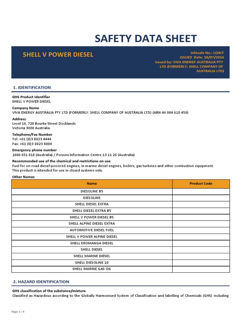 Shell V Power Diesel Sds | PDF | Dangerous Goods | Toxicity