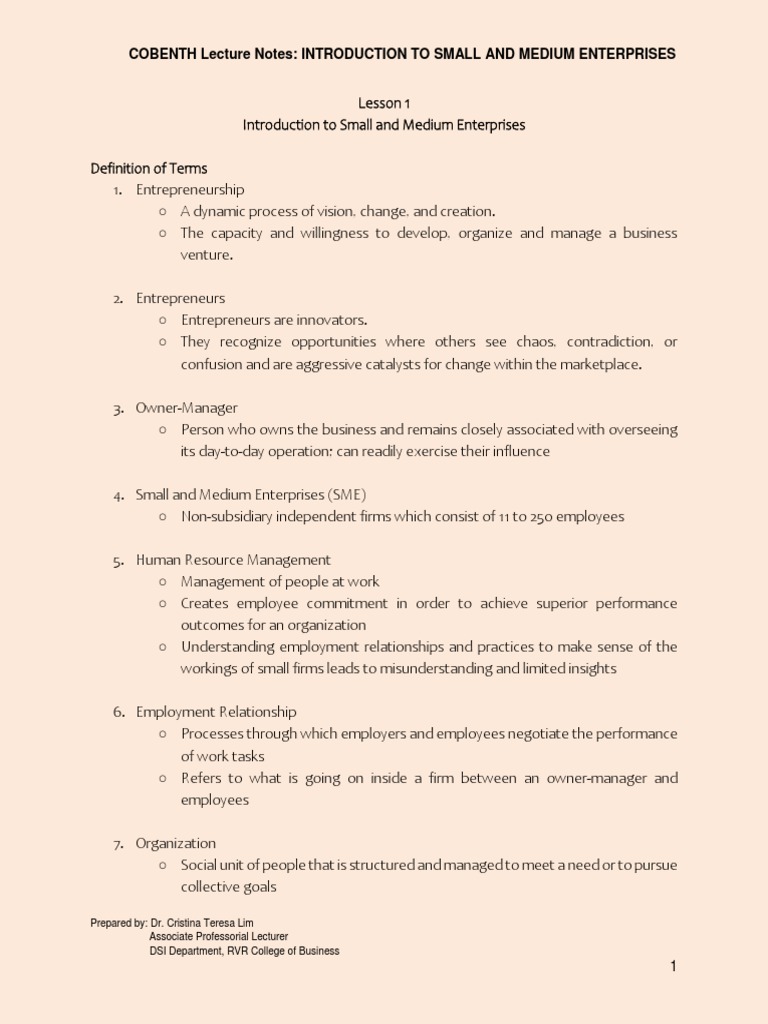 Lecture Notes 1 - Introduction To SMEs | PDF | Small And Medium Sized ...