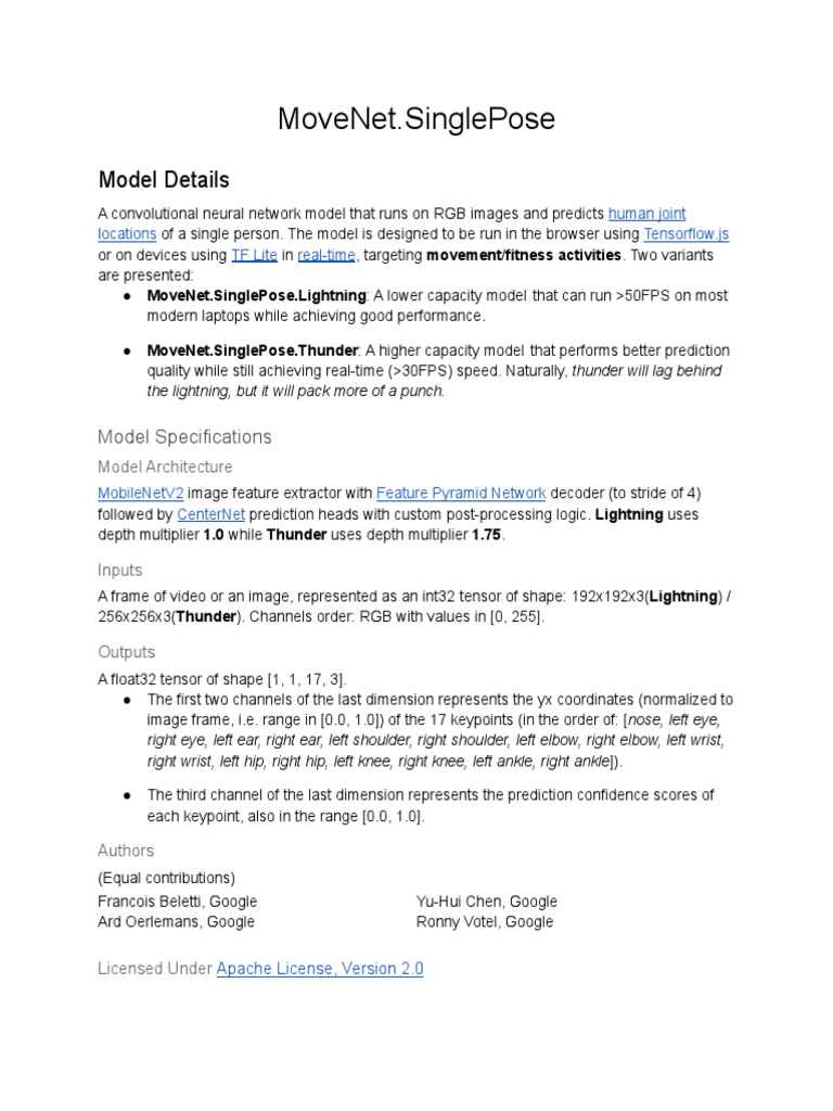 MoveNet SinglePose Model Card | PDF | Computing