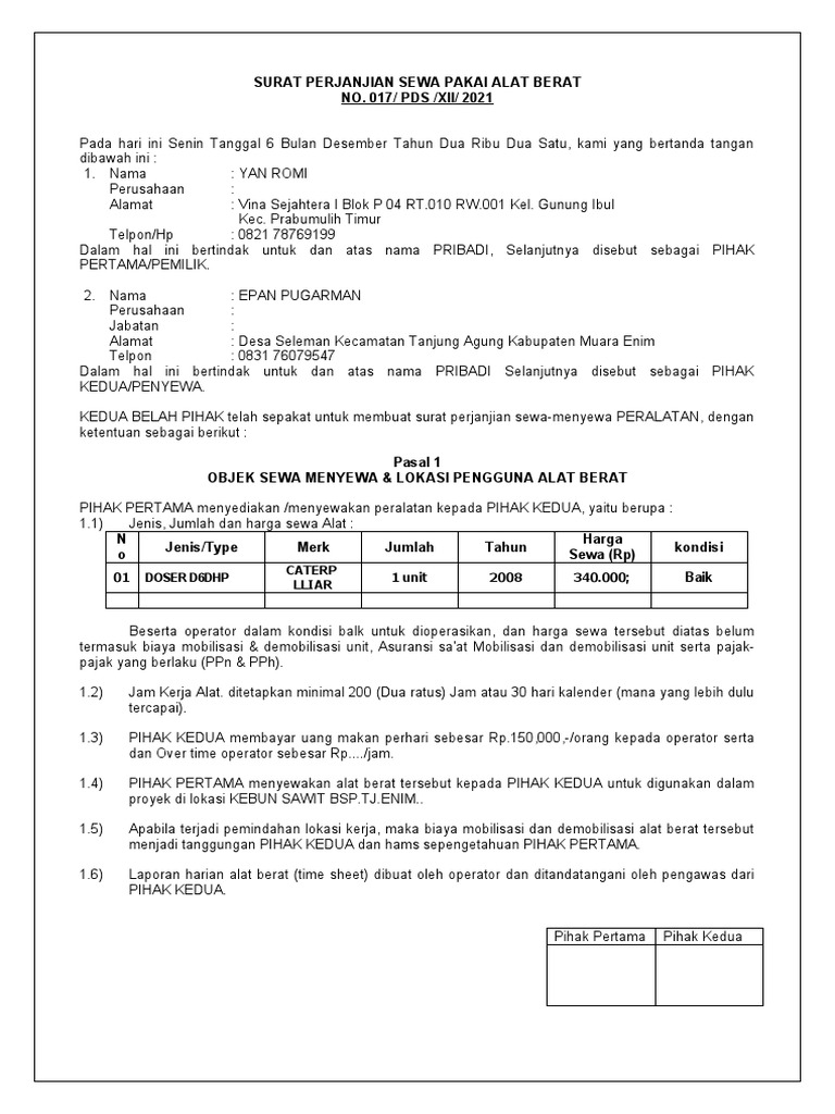 Surat Perjanjian Sewa Pakai Alat Berat | PDF