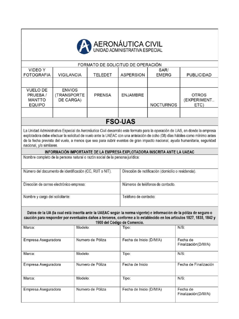 Formato Solicitud de Vuelo Uas - Aerocivilcol | PDF