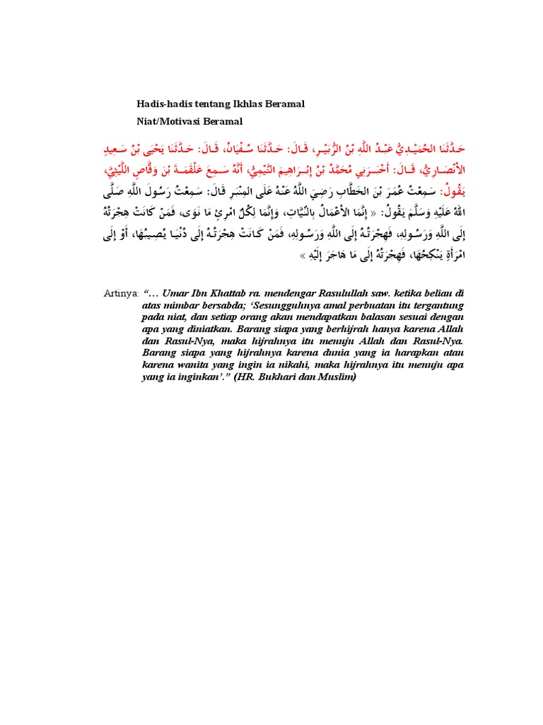 Hadis Tentang Niat-Motivasi Beramal | PDF