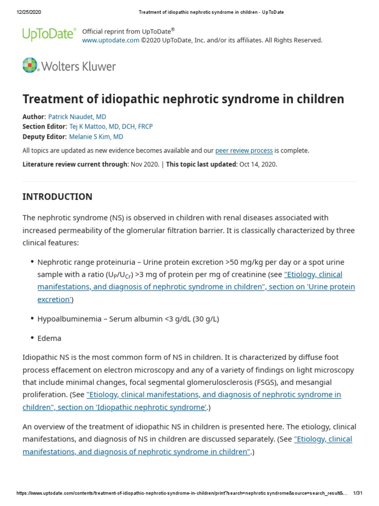 Treatment of Idiopathic Nephrotic Syndrome in Children - UpToDate | PDF ...