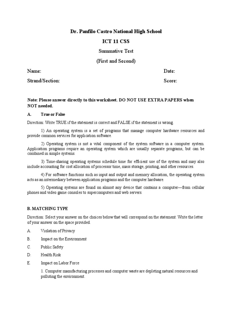 ICT 11 CSS Summative Test Q1 | PDF | Operating System | Educational ...