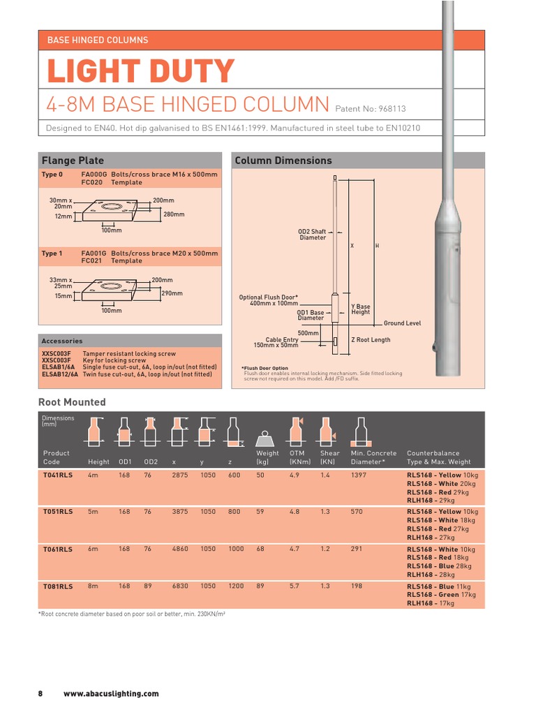Base Hinged Lighting Column Specs | PDF | Lever | Equipment