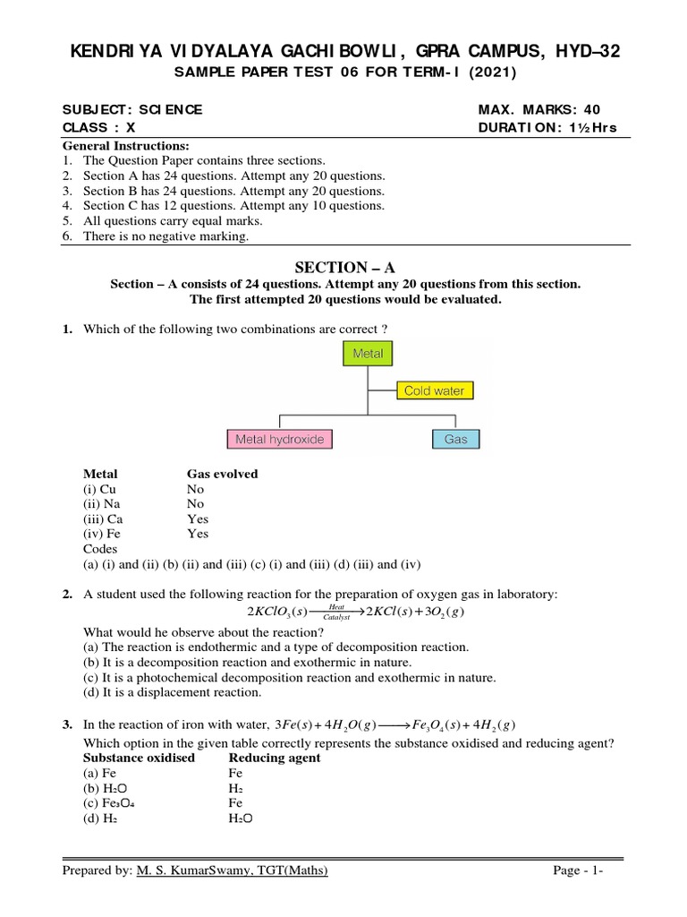 Science Class X Sample Paper Test 06 Term I | PDF | Mirror | Chemistry