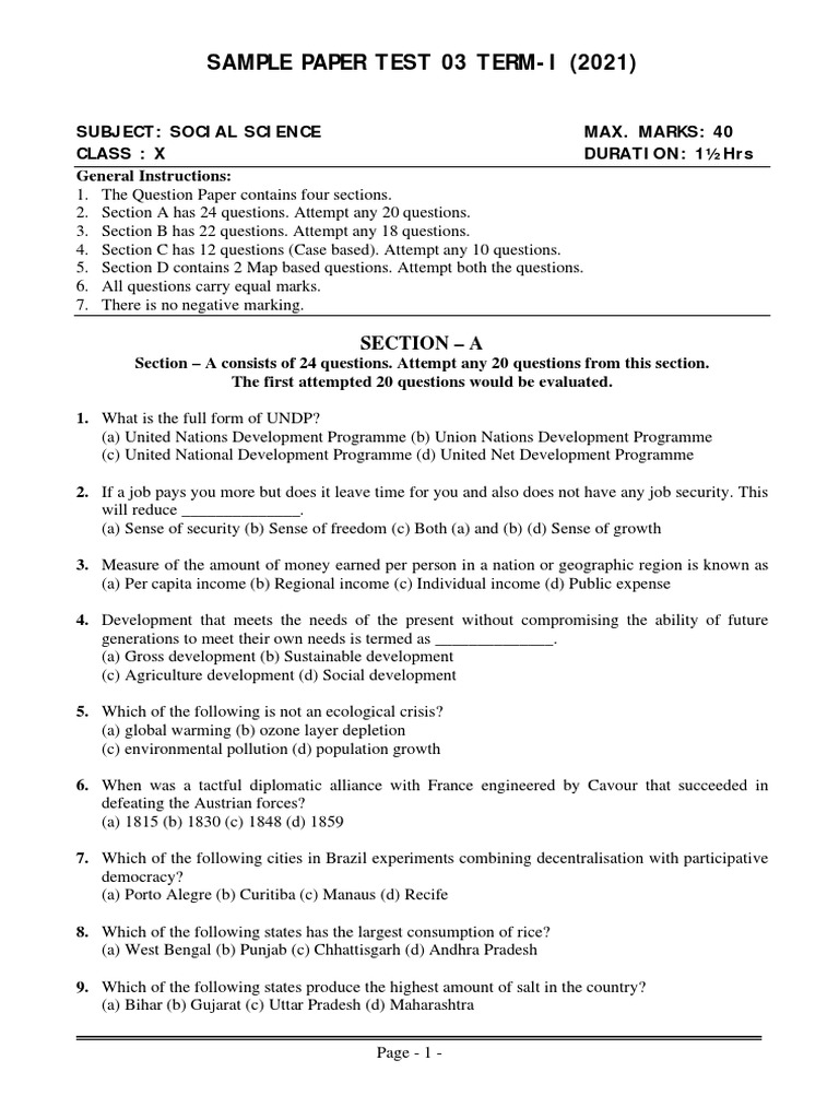 Social Science Class X Sample Paper Test 03 Term I | PDF | Finance ...