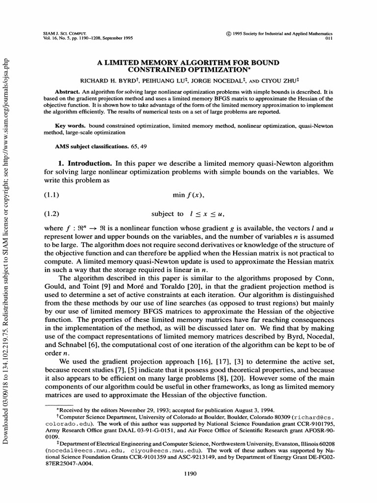 A Limited T,: Memory Algorithm For Bound Constrained T, T | PDF | Mathematical Optimization ...