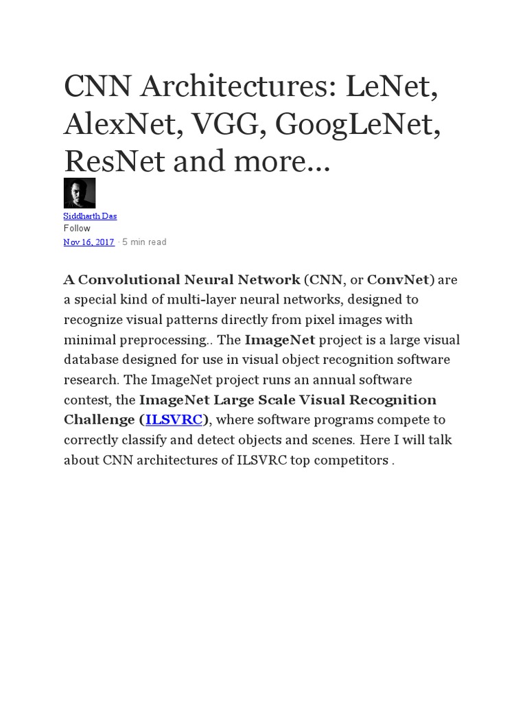 CNN Architectures: Lenet, Alexnet, VGG, Googlenet, Resnet and More ...