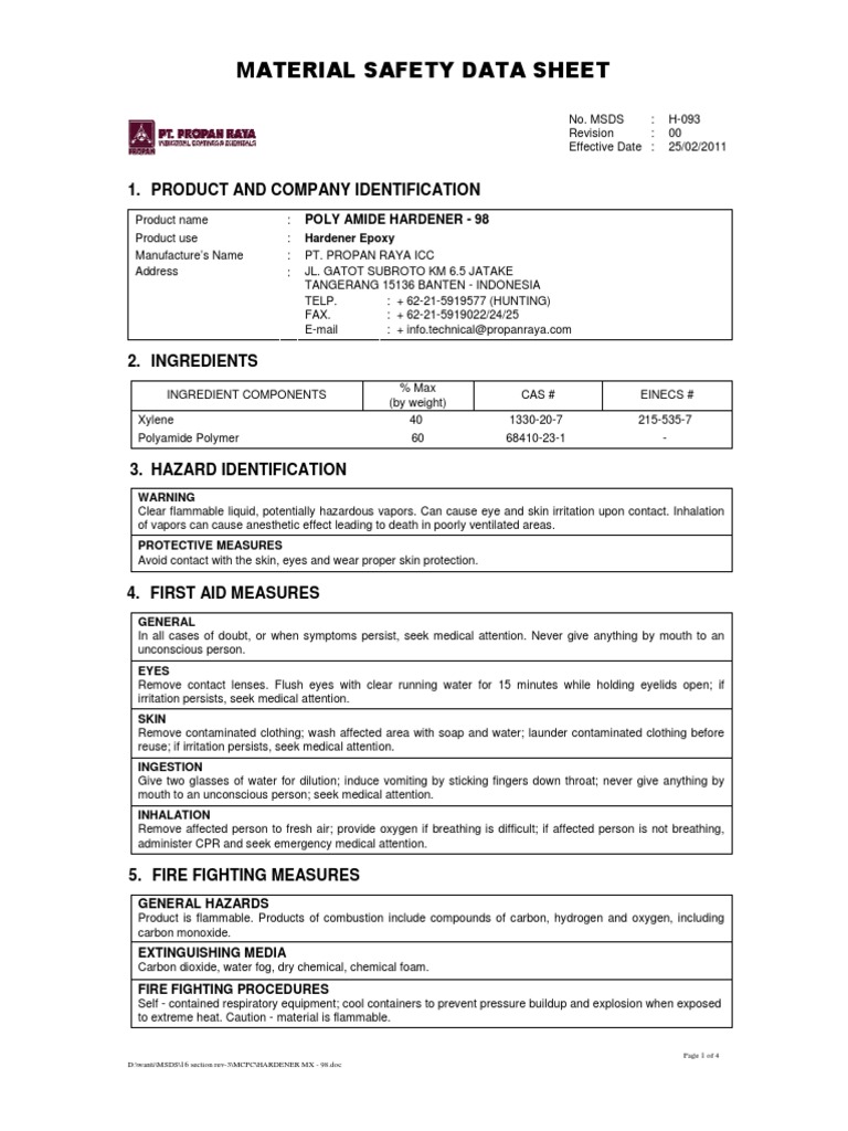 MSDS Hardener MX - 98 | PDF | Dangerous Goods | Combustion