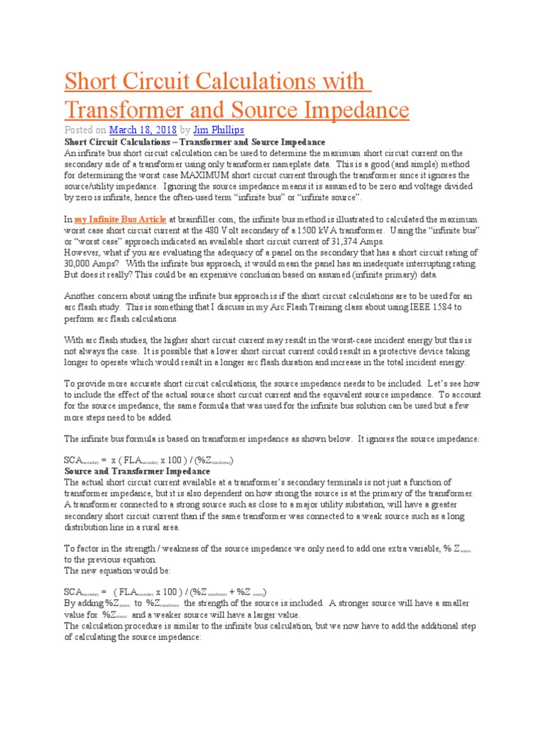 Short Circuit Calculations With Transformer And Source Impedance Pdf