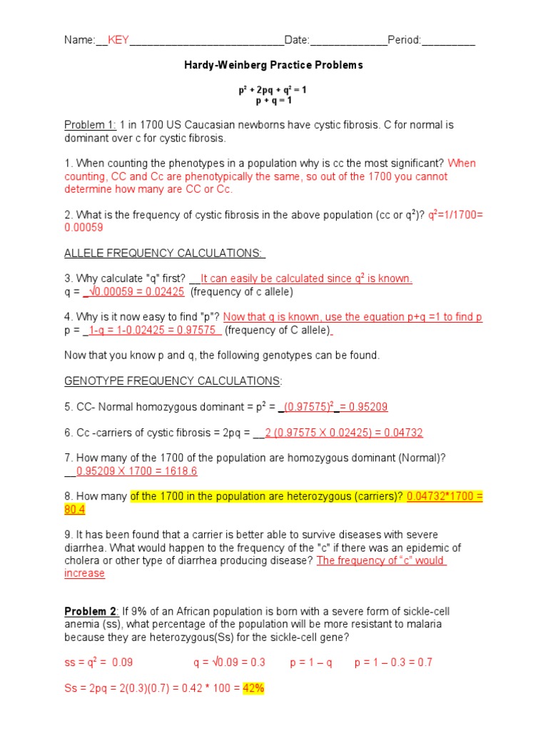 Hardy Weinberg Practice Problem KEY 12-13 | PDF | Zygosity | Dominance ...